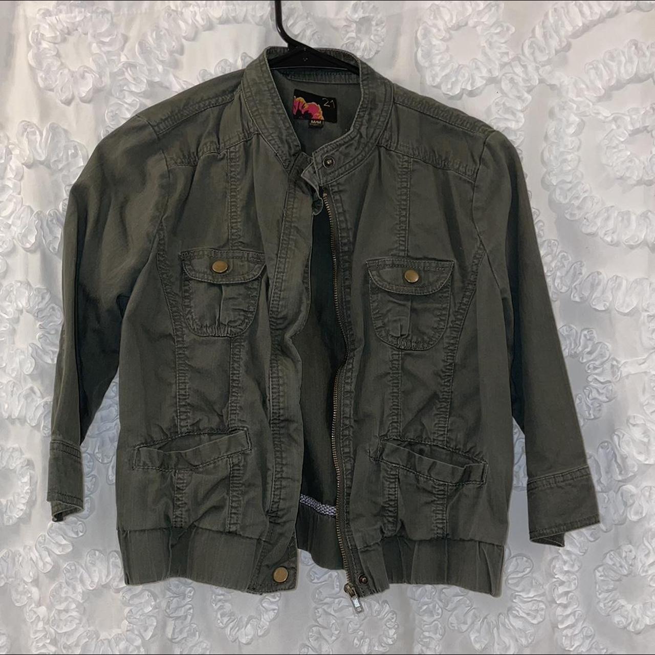 cropped army green jacket size M, used - good... - Depop