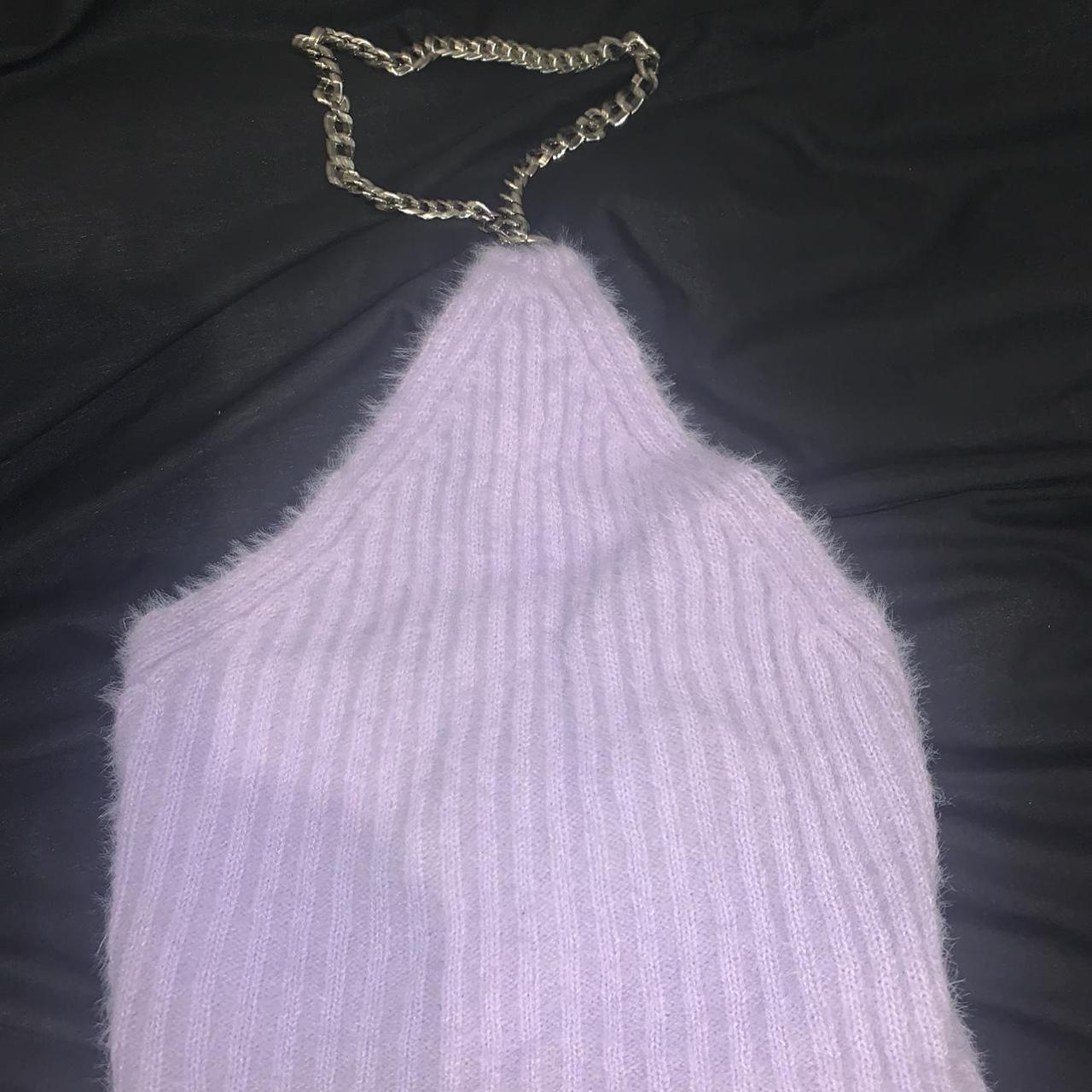 PLT Lilac fluffy halter top with chain and mini skirt - Depop