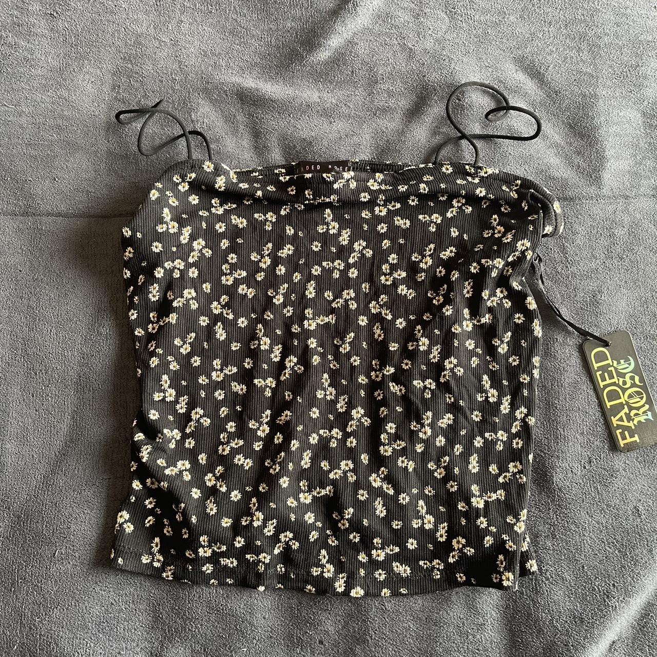 LARGE black spaghetti strap crop top with flowers by... | Depop