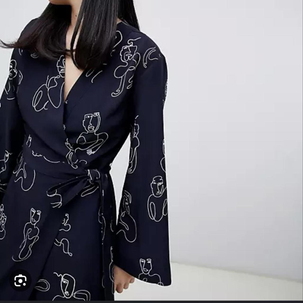 Monki navy face print midi dress in kimono wrap... - Depop