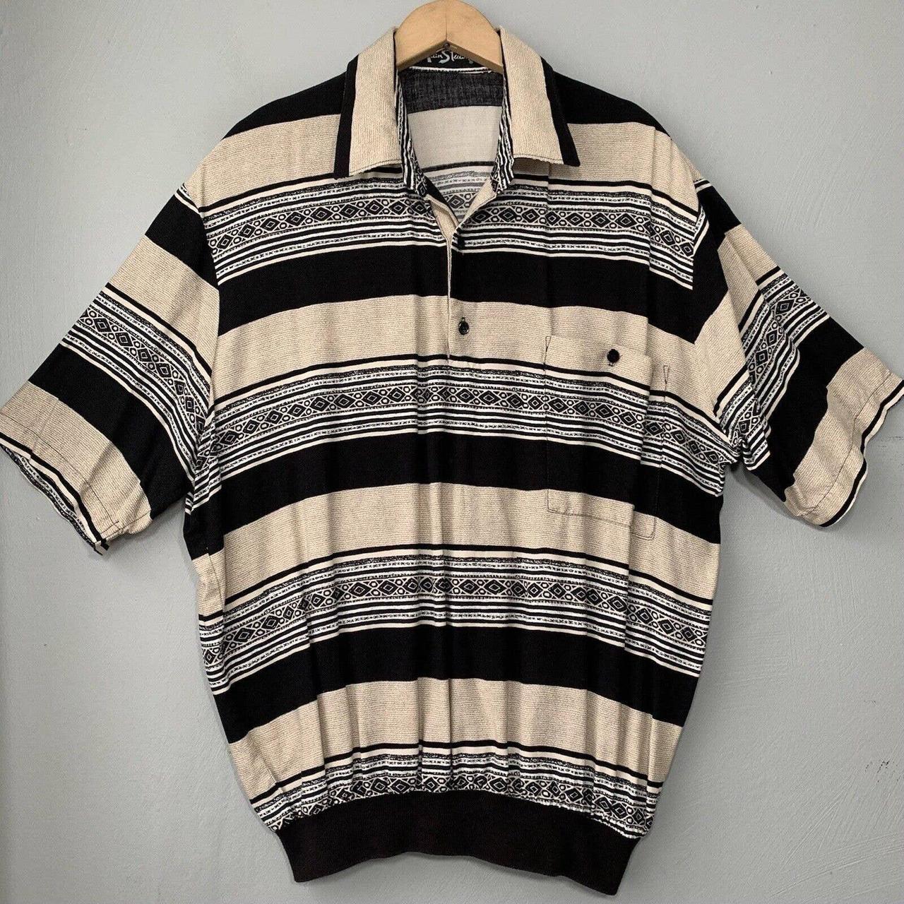 Alan Stuart short sleeve beige and black rayon... - Depop