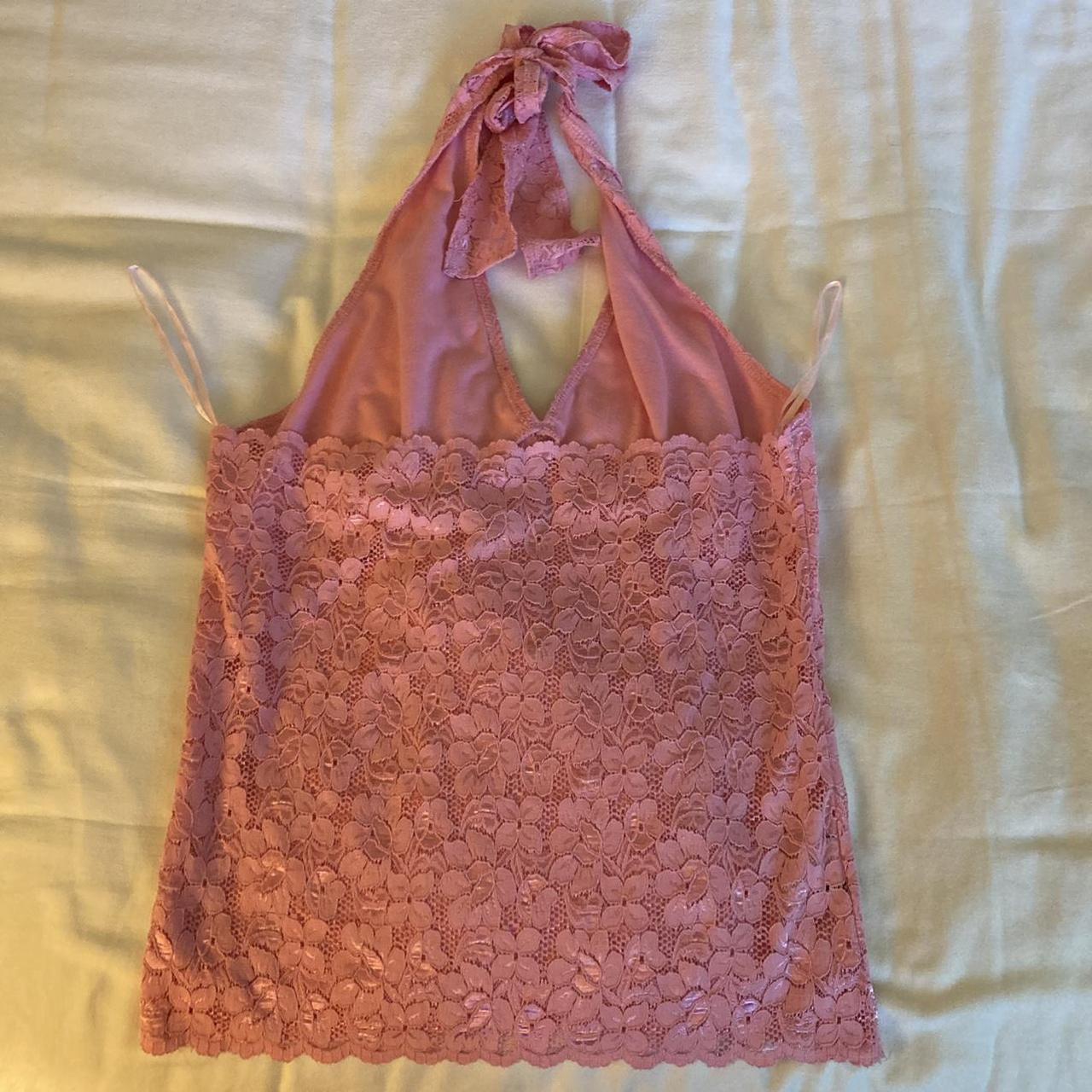 Y2k lace halter top featuring pink floral lace + tie... - Depop