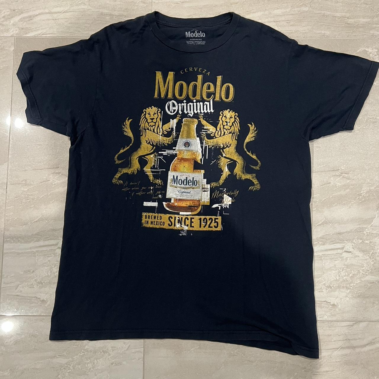 Men's blue and gold Modelo tee with cool graphic and... - Depop