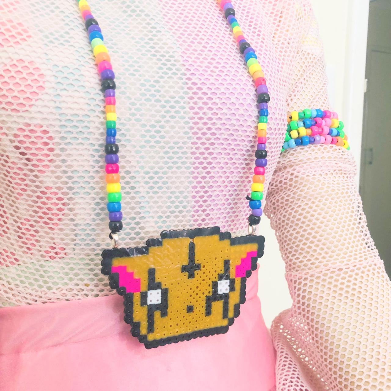 Handmade emo kitty rave perler pendant with stretchy... - Depop