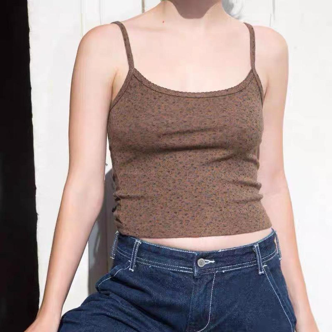 Brandy melville floral cami Brown tank top with blue... - Depop