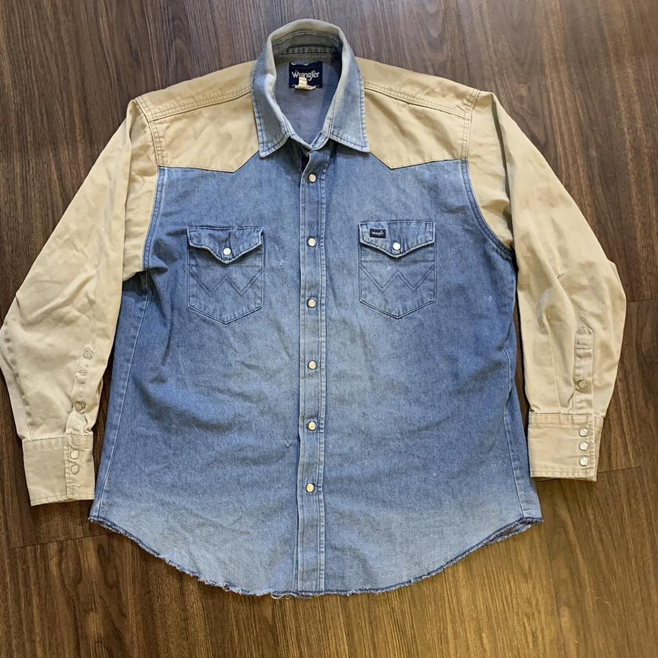 Wrangler two tone denim button-up, fits like Size L.... - Depop
