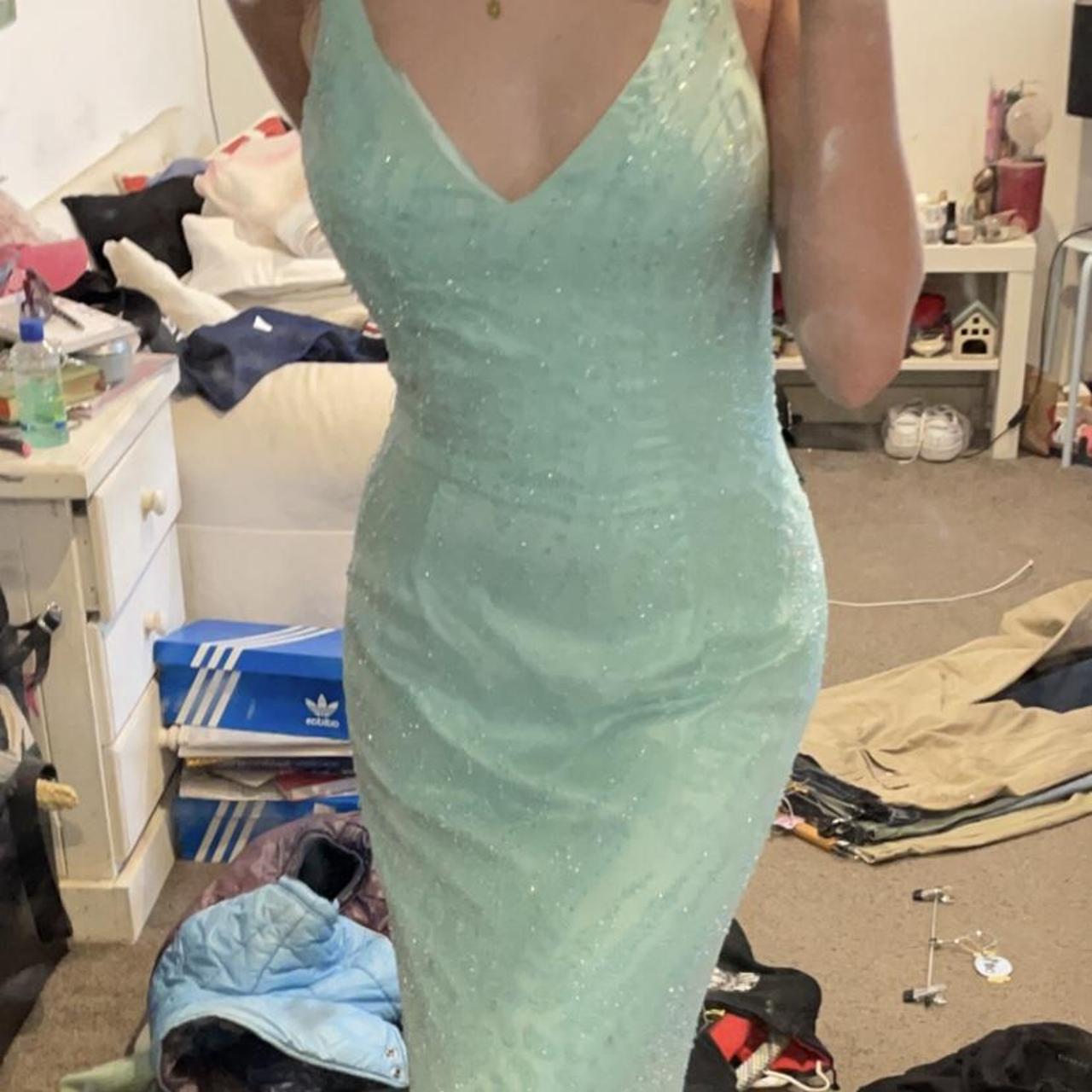 Vintage aqua blue formal dress fully beaded with a... - Depop