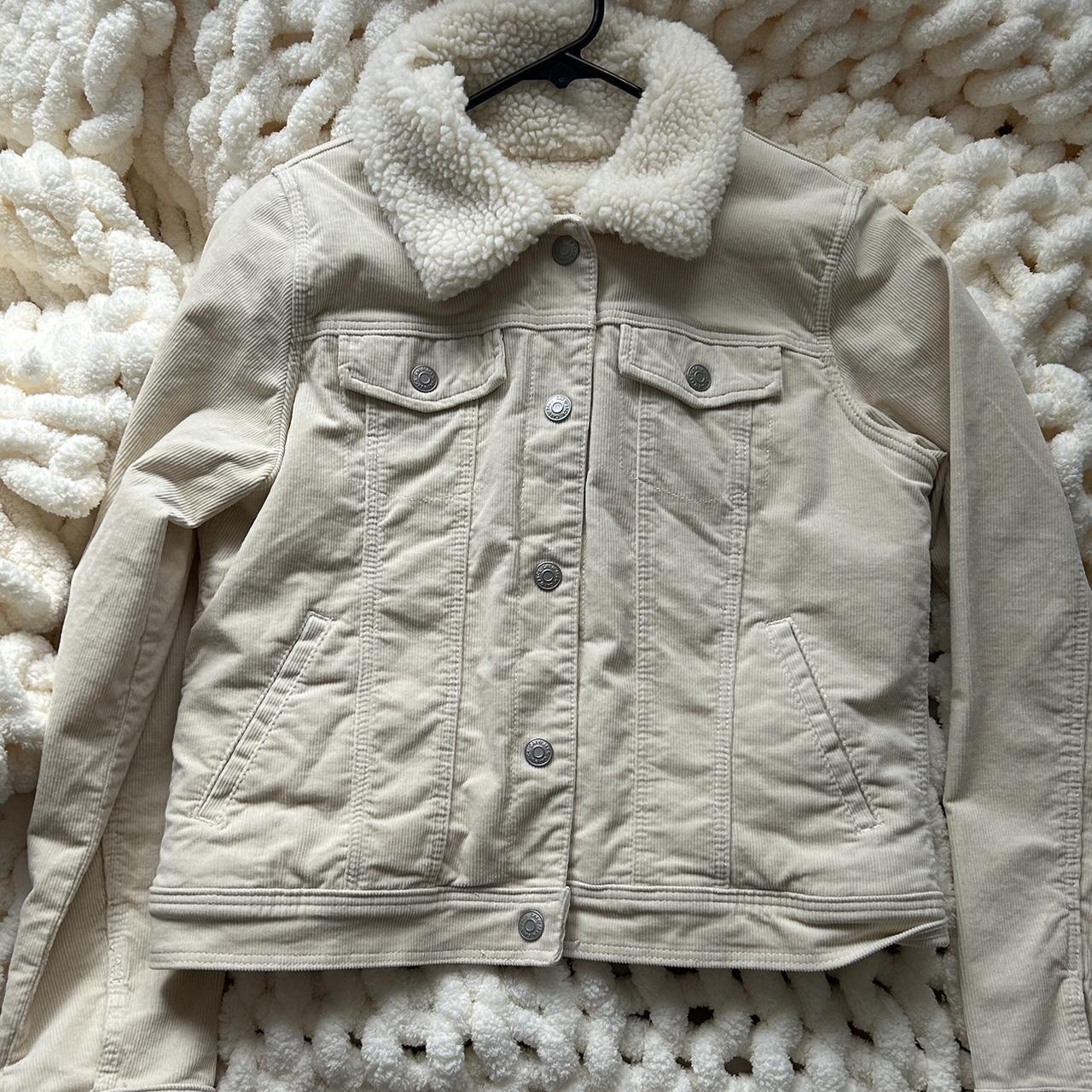 cropped cream fur lined corduroy jacket #white... - Depop