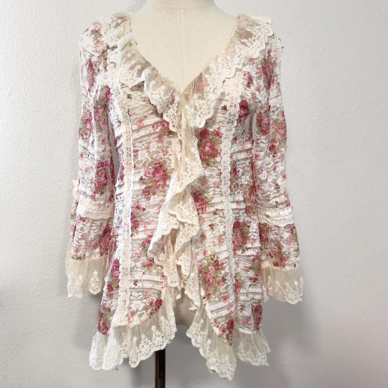 Gyaru Floral Lace Ruffle Bow Bell Sleeve Bolero... - Depop