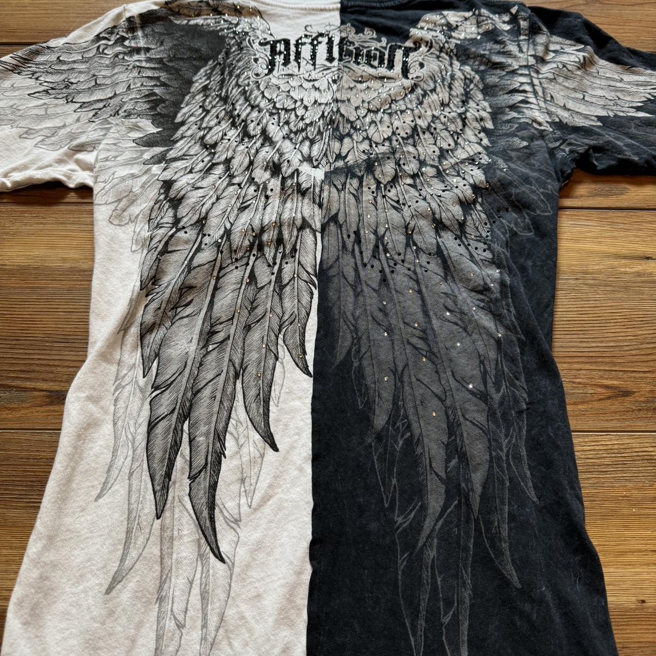 Y2K Affliction Angel Wings Bedazzled Shirt size... - Depop