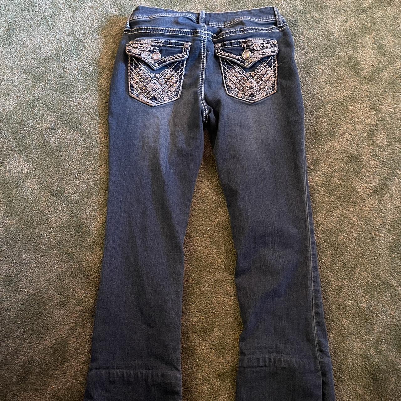 Low rise flare jeans with bedazzled pockets💫 Size:... - Depop