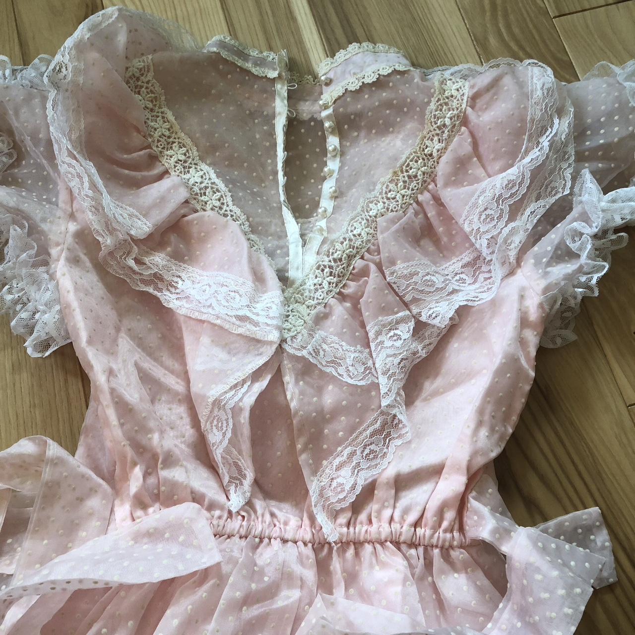 Vintage 70’s Pink Lace Ruffle High Neck Swiss Dot... - Depop
