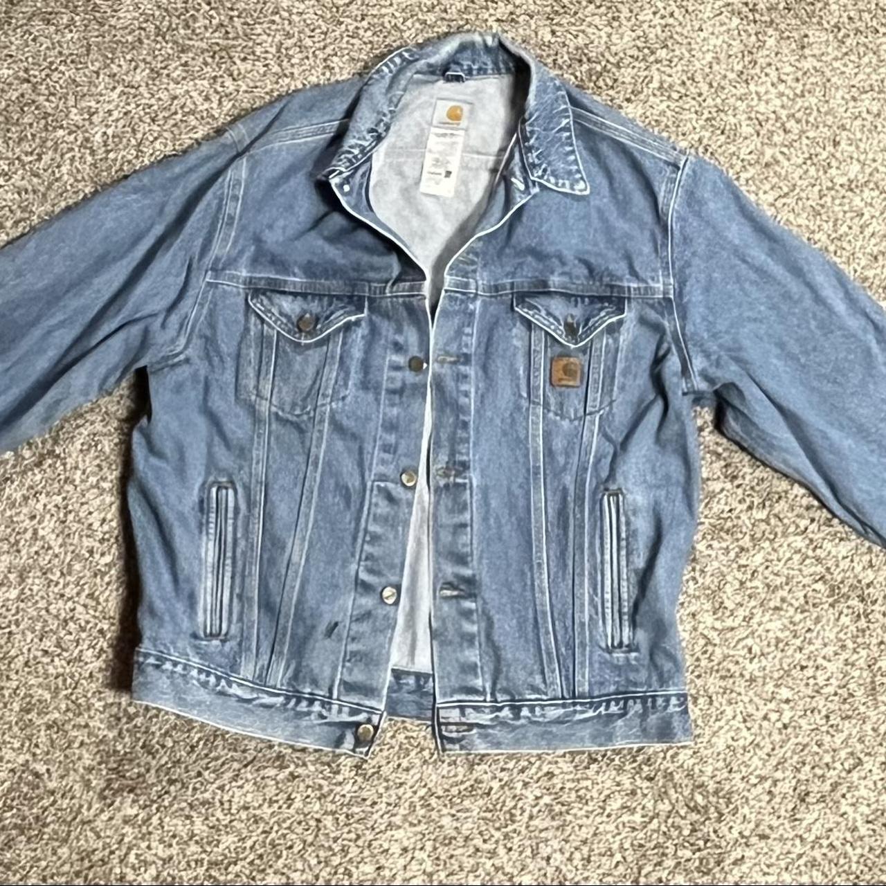 Vintage Large Tall Carhartt denim jacket. Minor stain - Depop