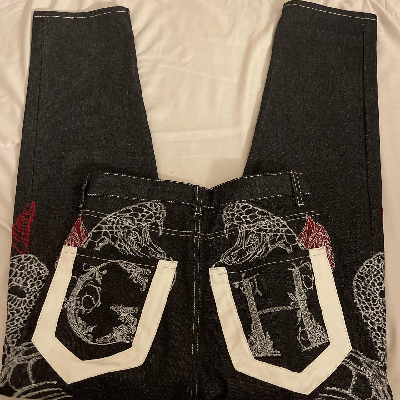 cyber y2k embroidery jeans... - Depop