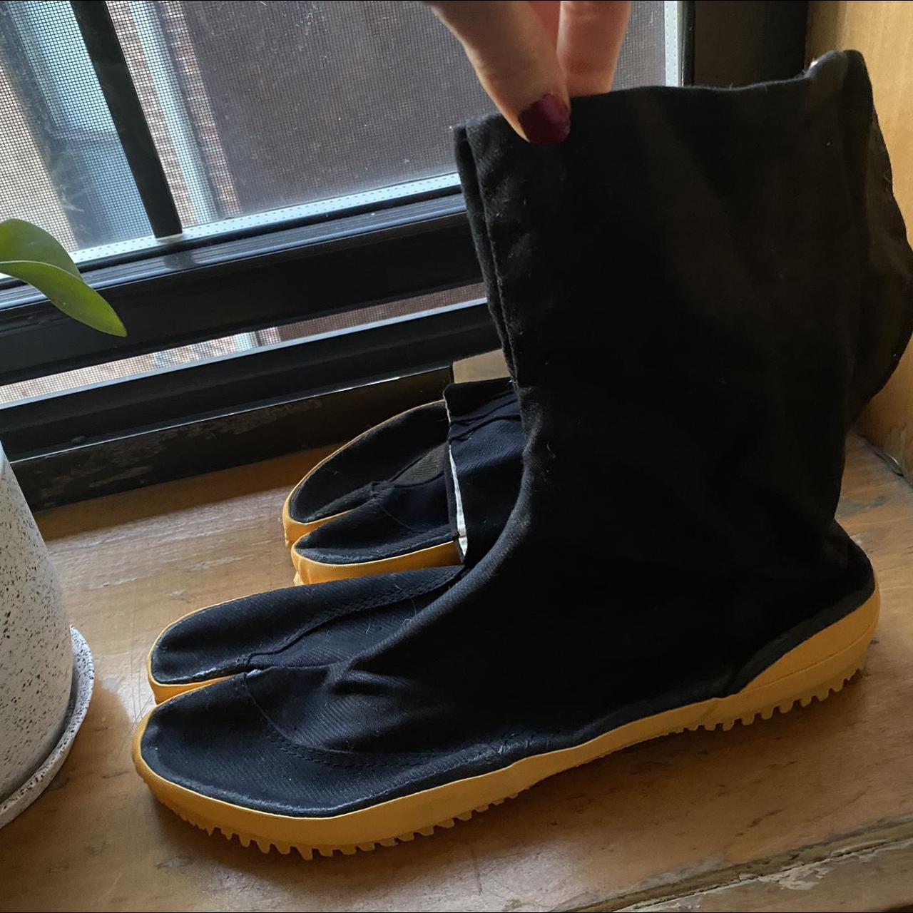 Japanese tabi shoes. Like new. Black fabric. Yellow... - Depop