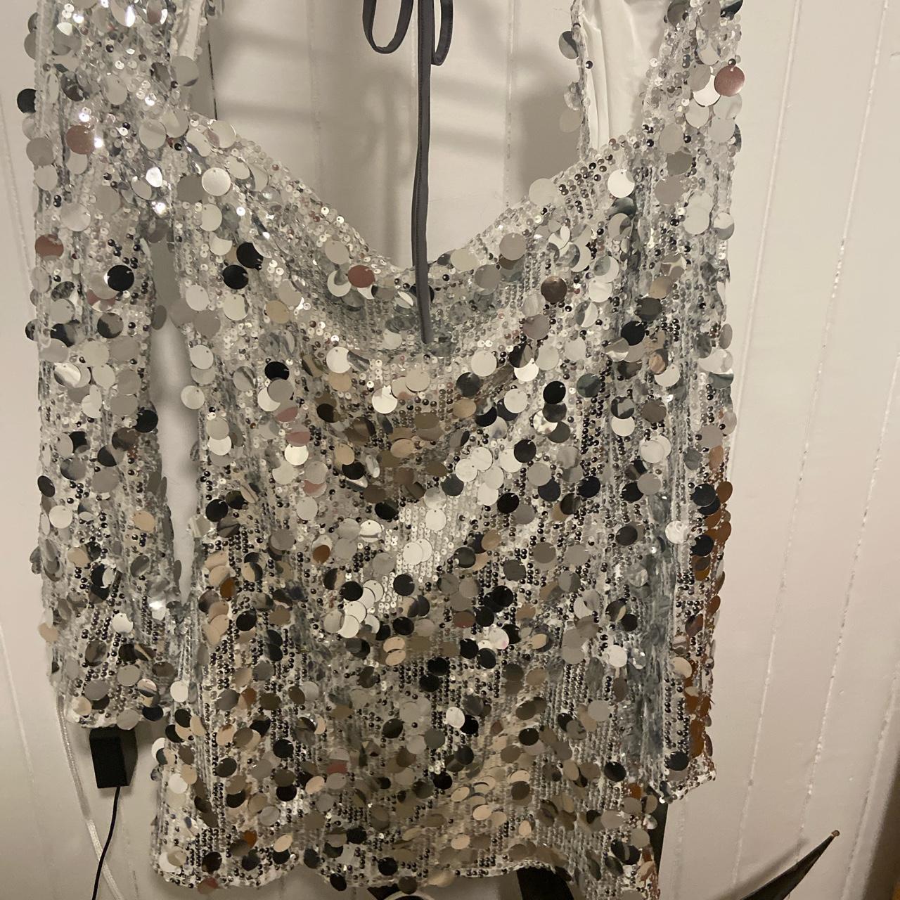 Silver sparkly mini dress with long sleeves New with... - Depop