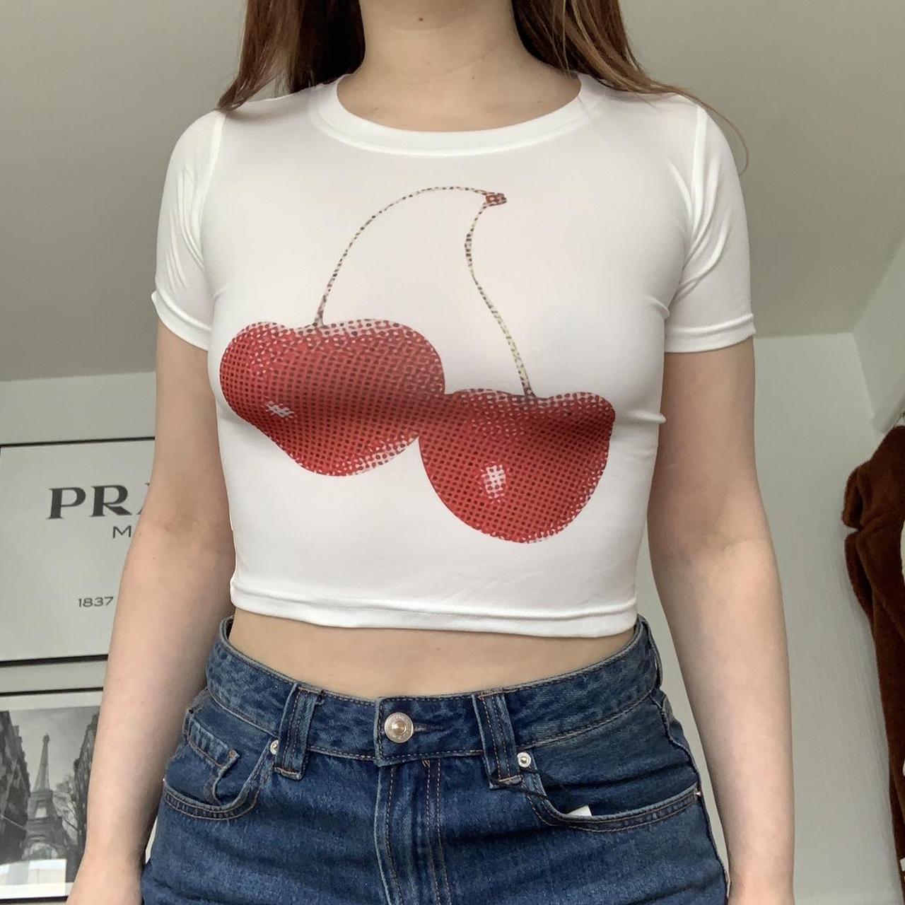 Cherry print crop top Cherry top Baby tee White... - Depop