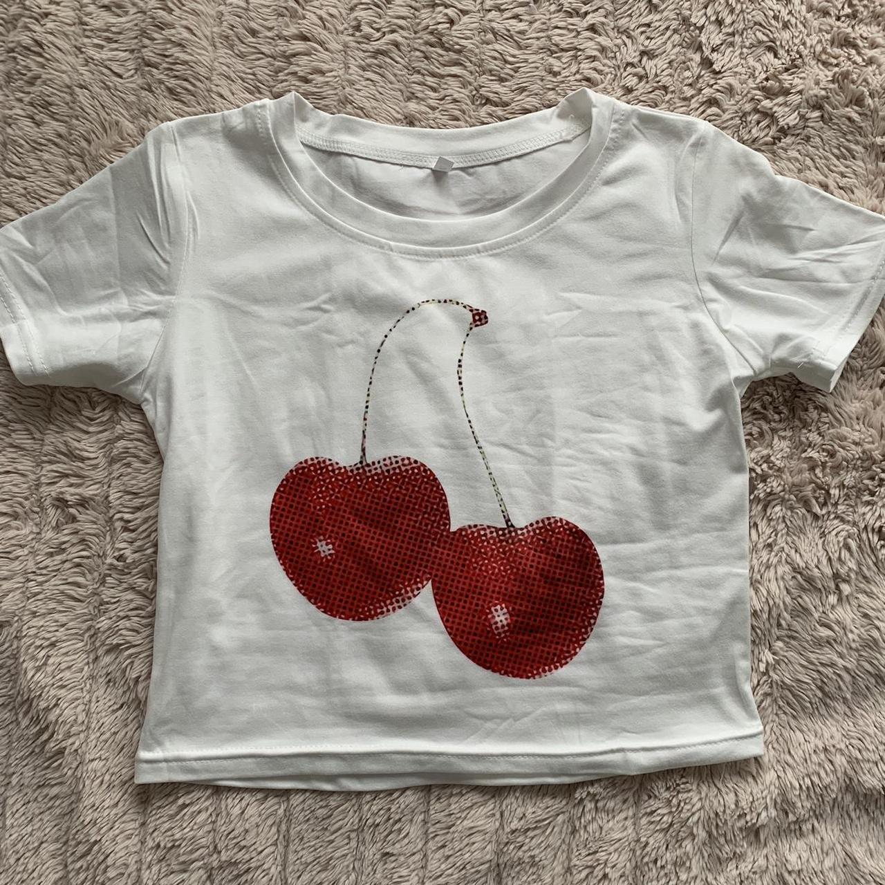 Cherry print crop top Cherry top Baby tee White... - Depop