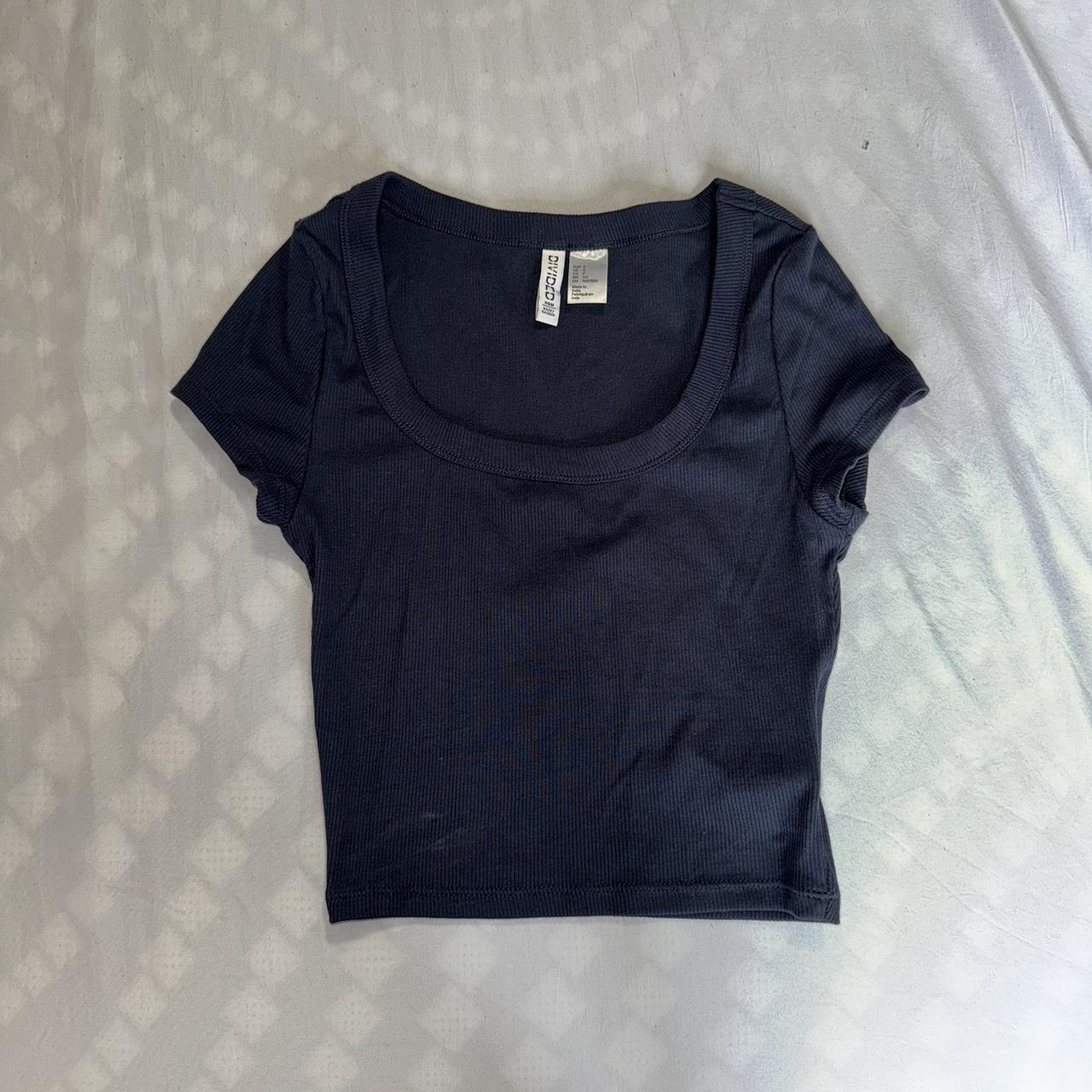 Navy blue crop top with a square neckline and short... - Depop