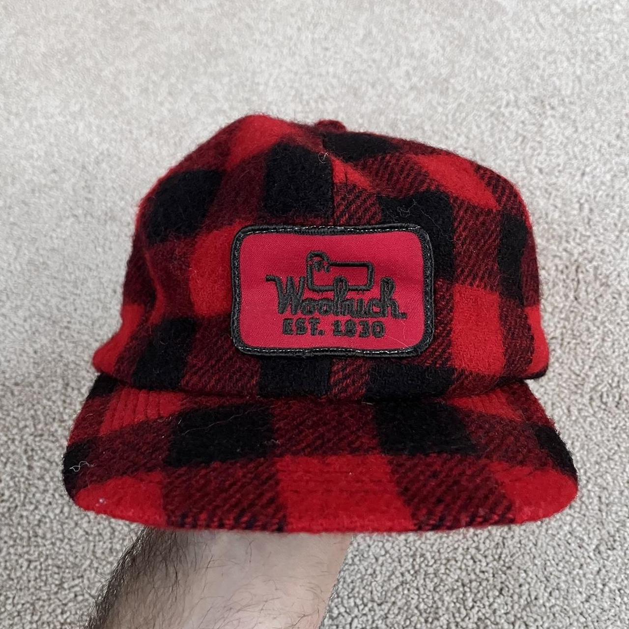 80's Woolrich Black / Red Wool Flannel Baseball Hat... - Depop
