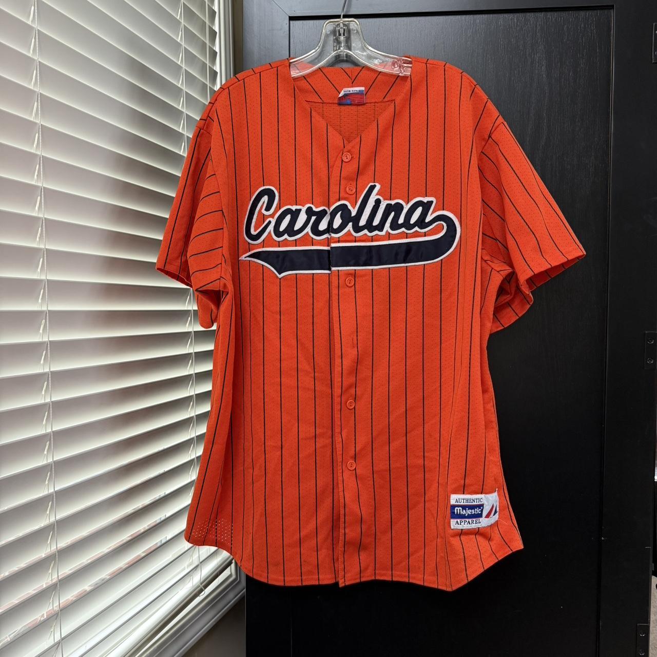 90s Carolina Orange Pinstriped Baseball Button Down... | Depop