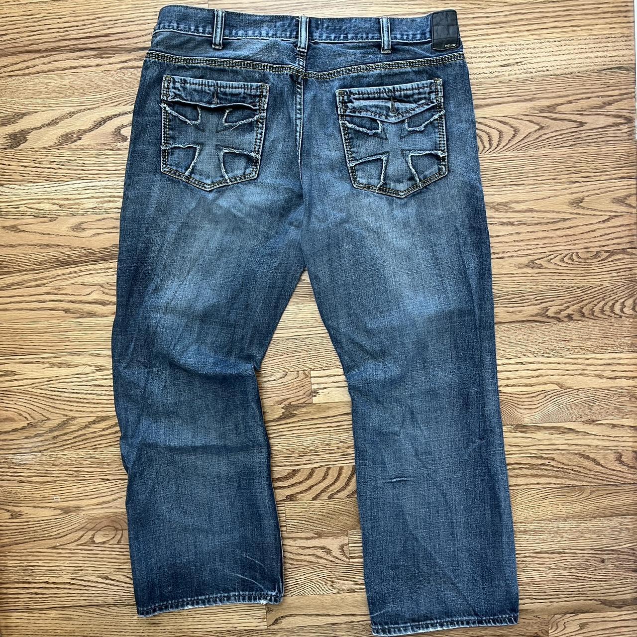 Y2k helix jeans with cross embroidery on back... - Depop