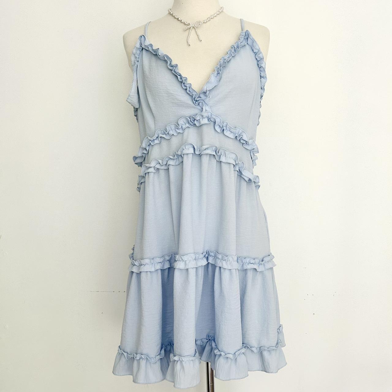 powder blue ruffle mini dress by “iris” size large... - Depop