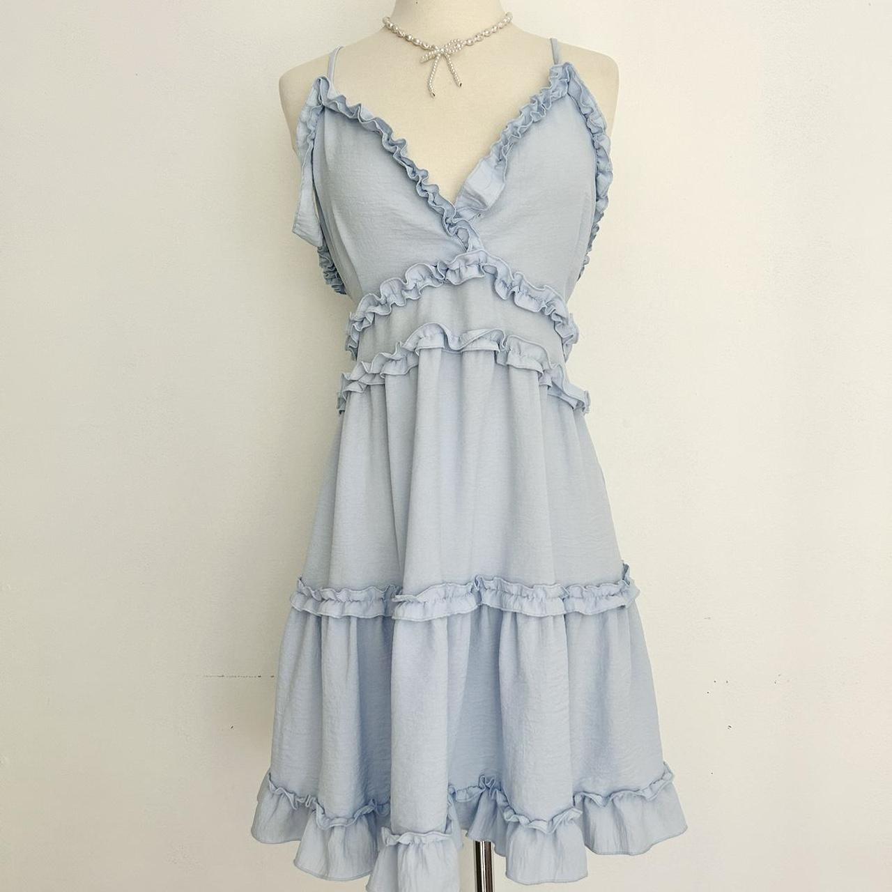 powder blue ruffle mini dress by “iris” size large... - Depop