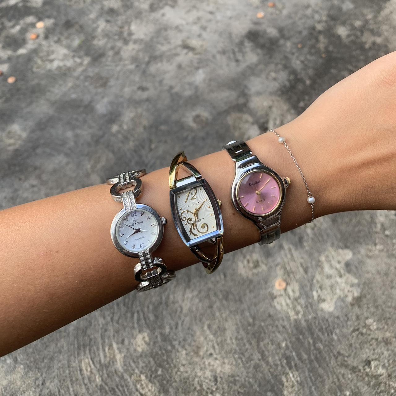 Vintage watch - Silver with pink dial and gold... - Depop