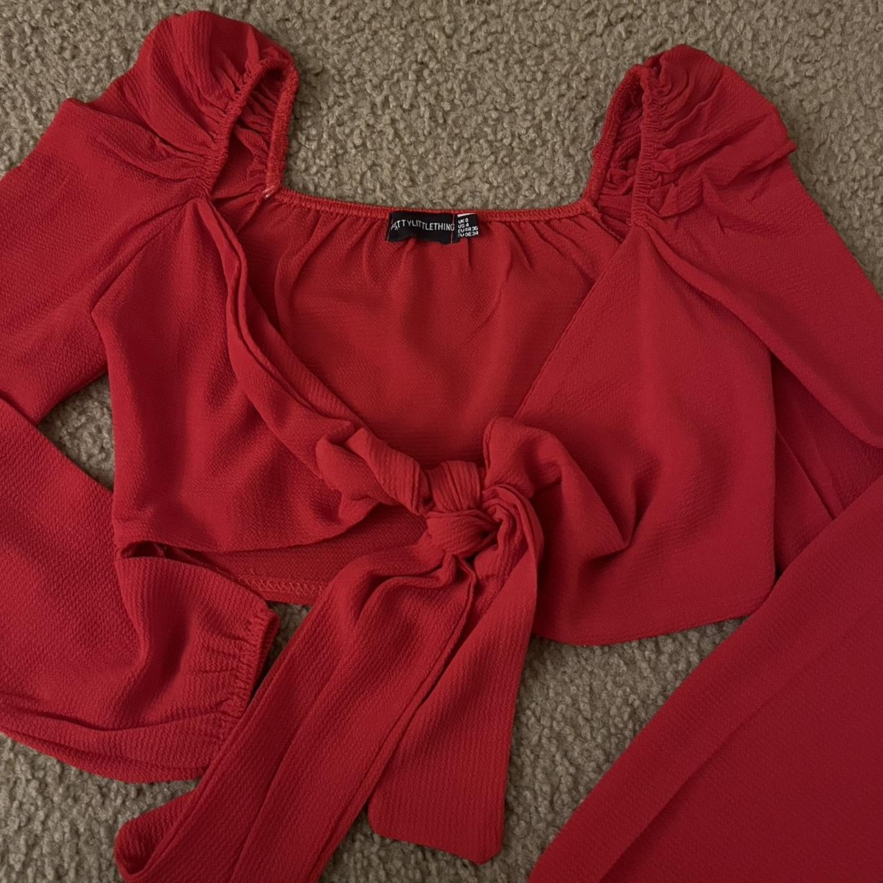 Pretty Little Thing Red Fancy Front Tie Top... - Depop