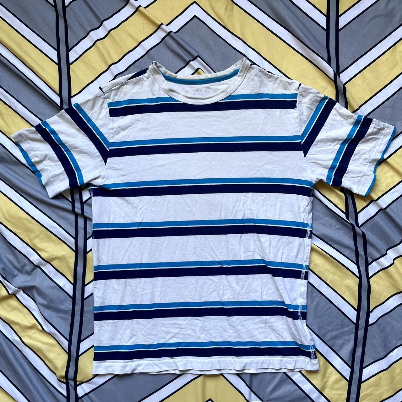 White tee with blue stripes. Had this one since the... - Depop