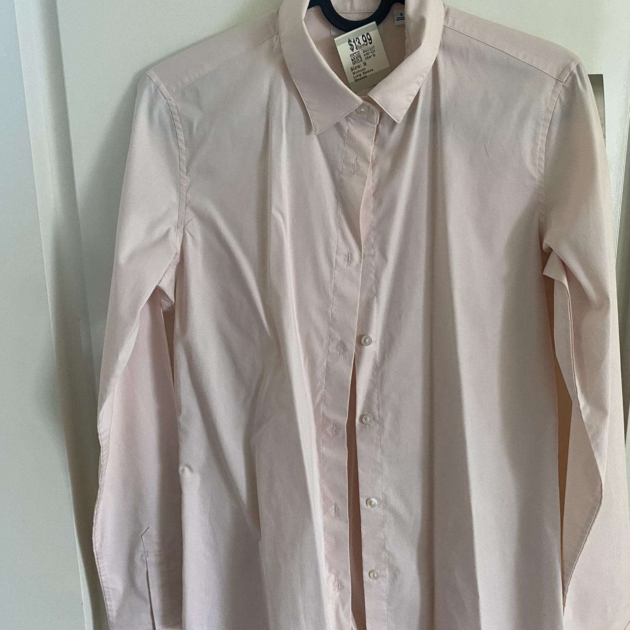 UNIQLO pink cotton long sleeve blouse, size... - Depop