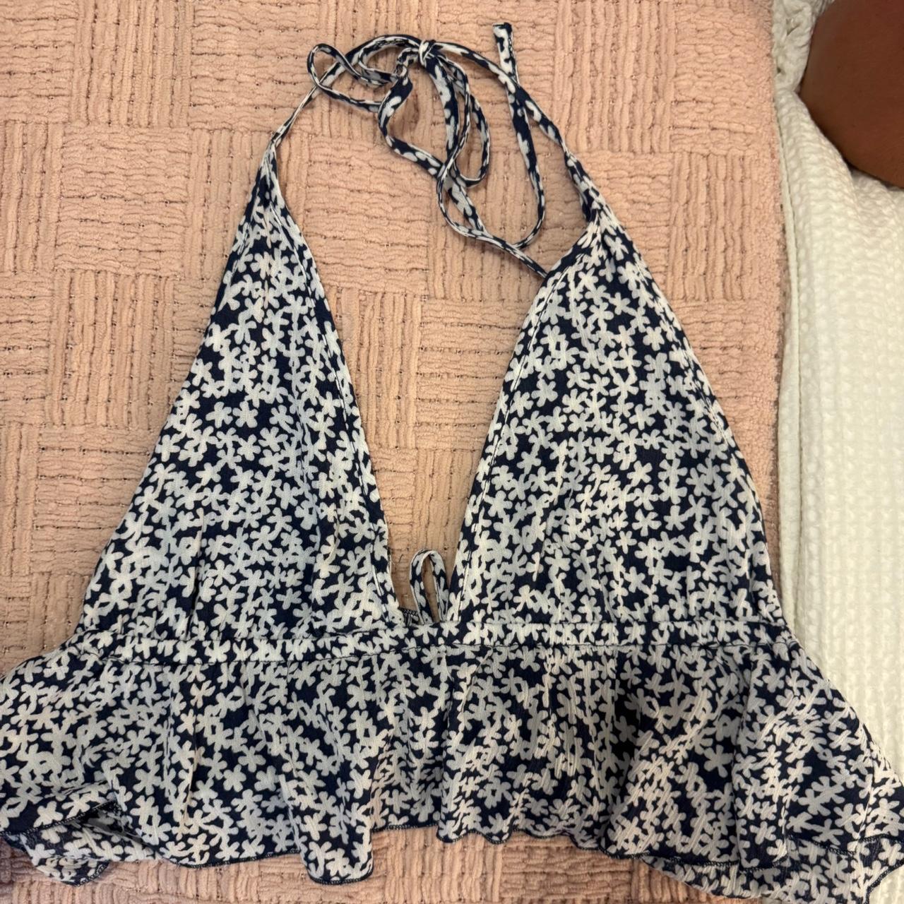 Garage white and navy floral backless tie top | Depop
