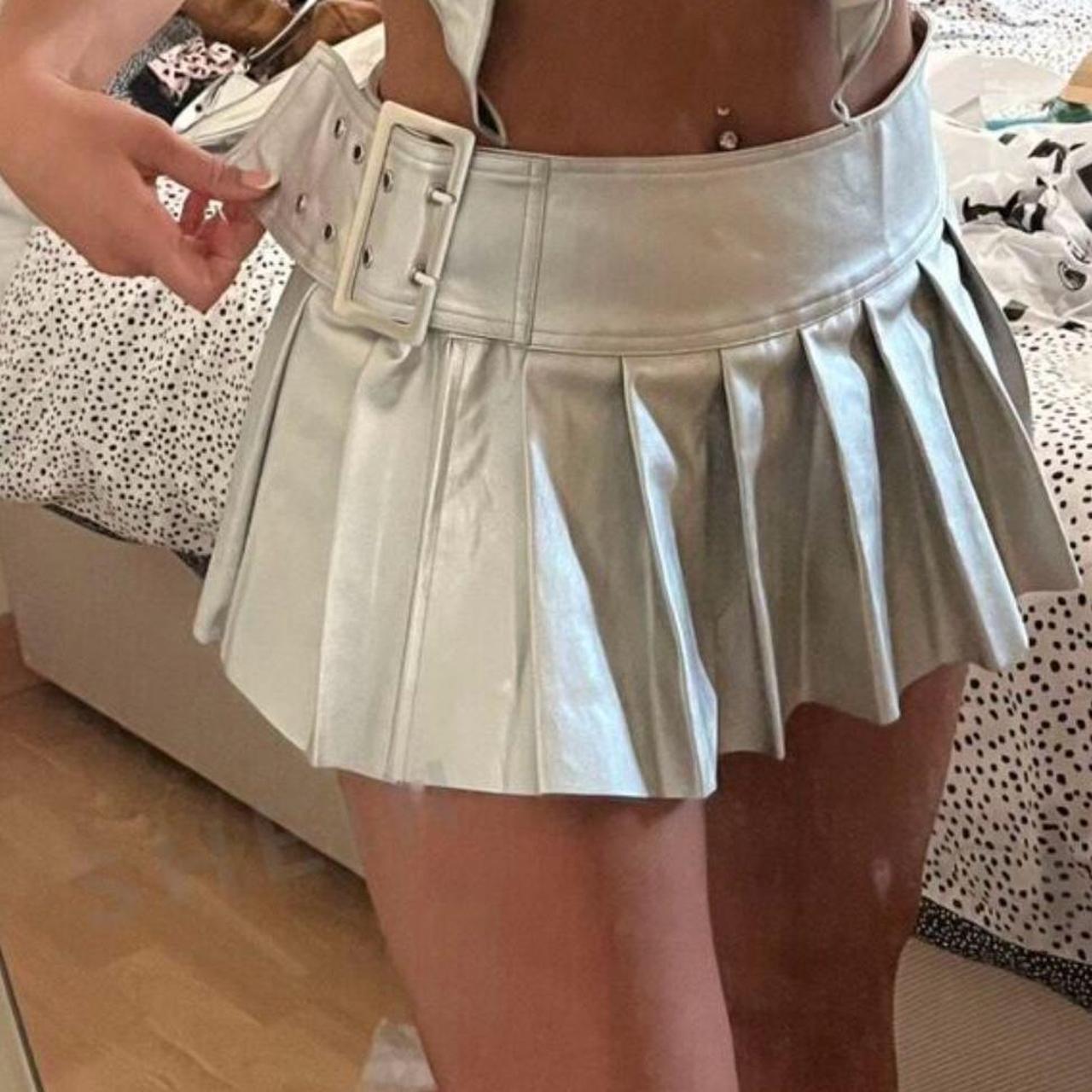 Metallic silver micro mini pleated skirt Never worn... - Depop