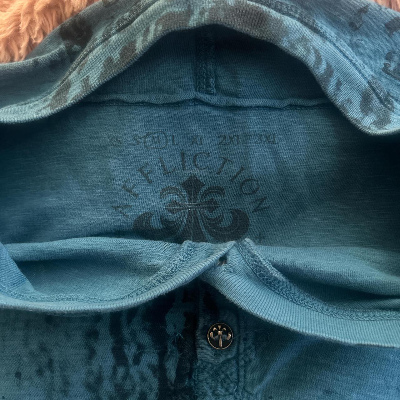 affliction blue and black polo shirt with velvet... | Depop