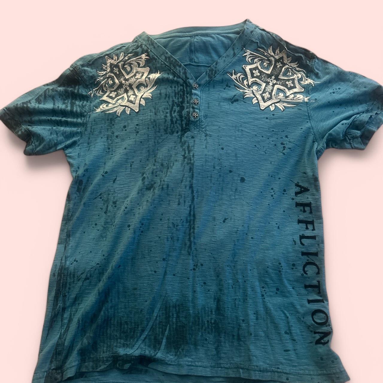 blue Affliction button-up shirt with cross design on... | Depop
