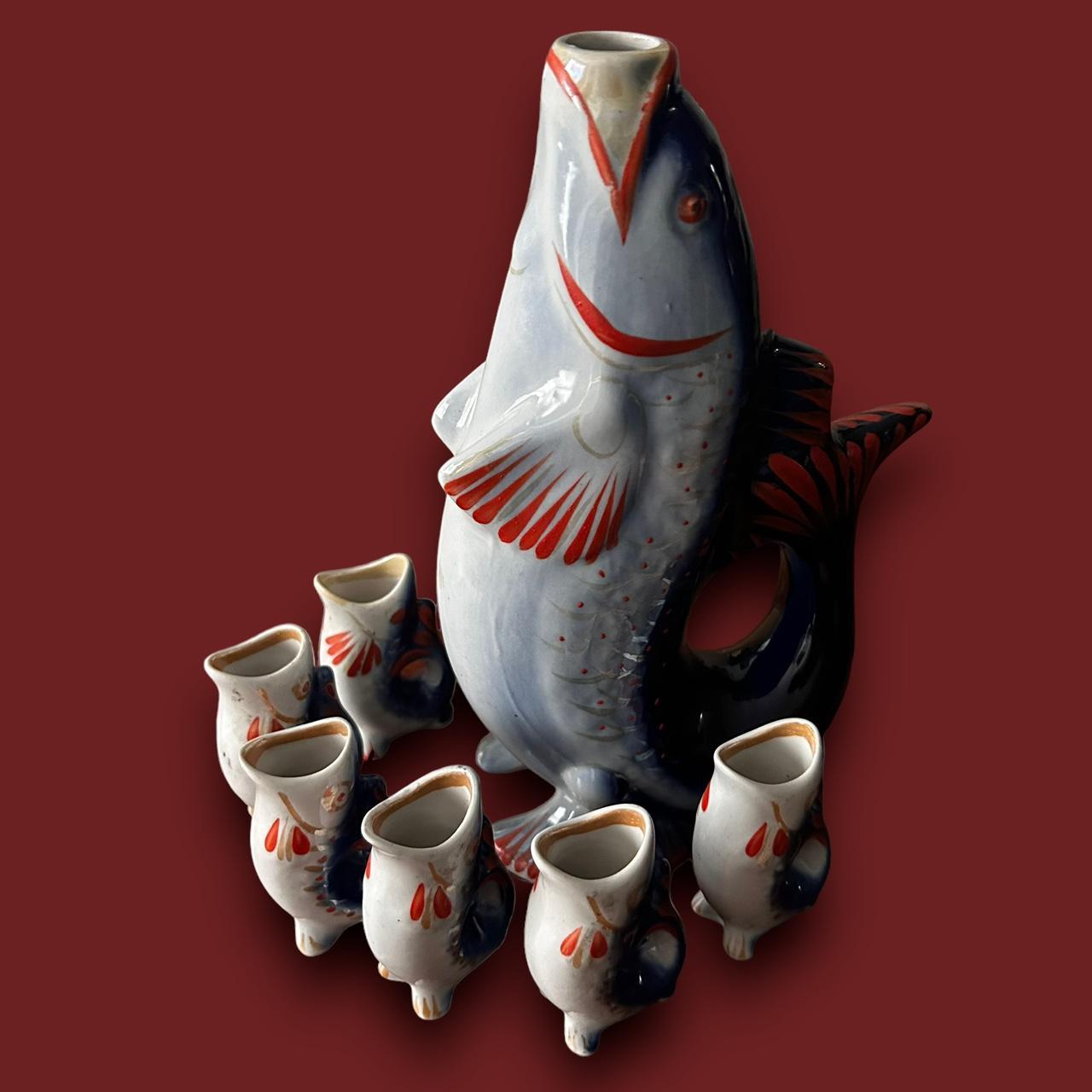 20th Century Koi Fish Glass Decanter & Glasses... - Depop