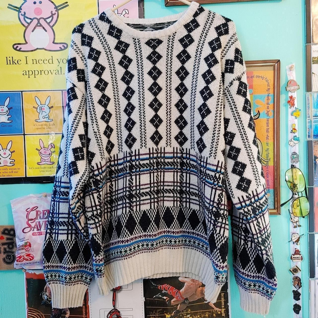 Distressed Vintage Crewneck Sweater Funky Pattern... - Depop