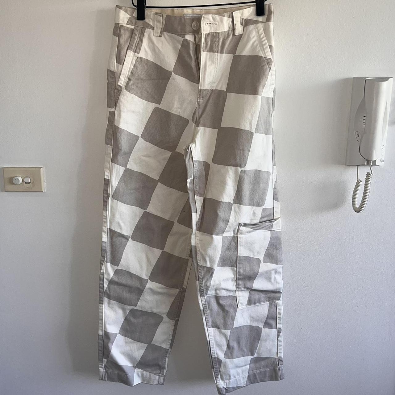 white / grey checker pants - size 36 but runs a bit... - Depop