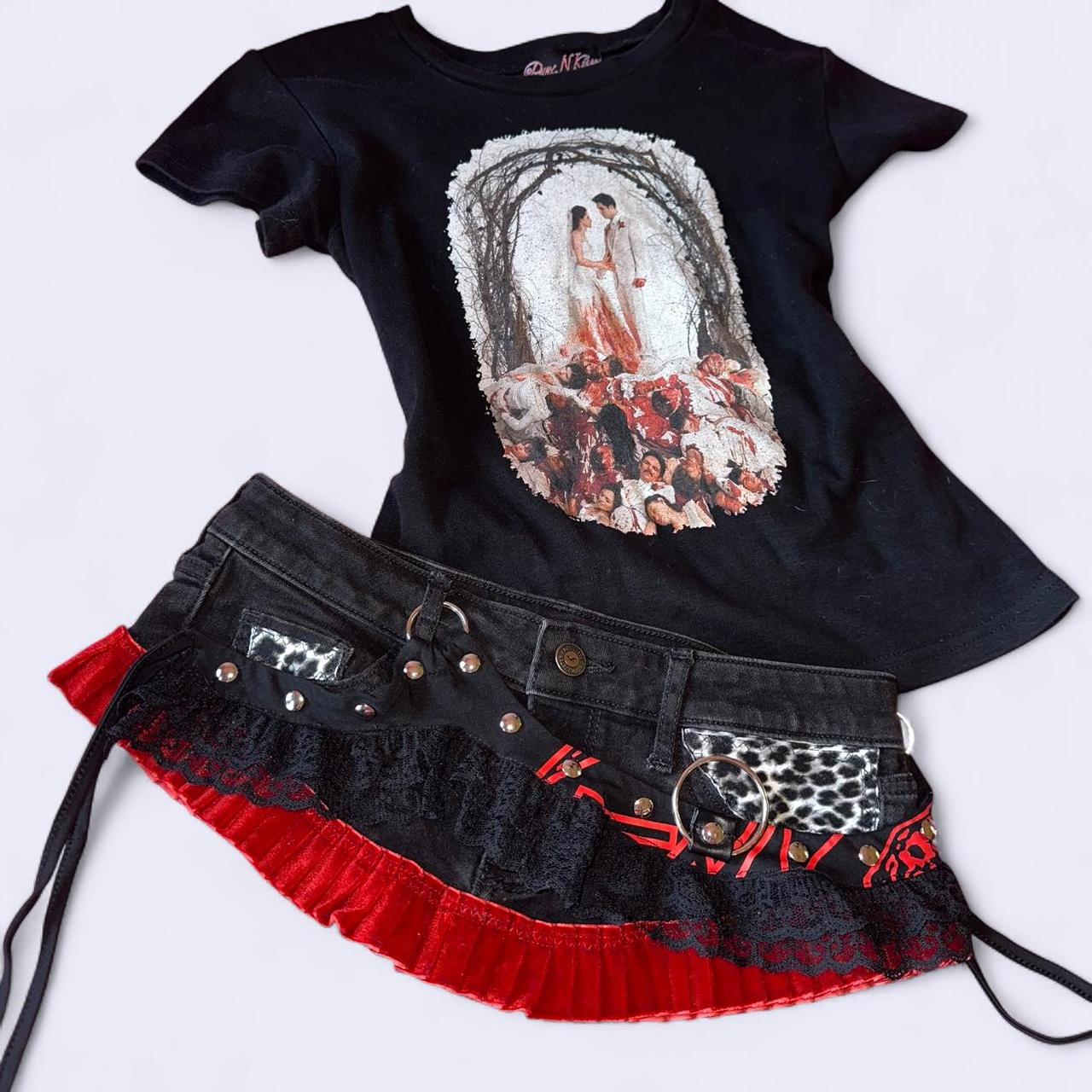 y2k scenecore red & black reworked micro mini skirt,... | Depop