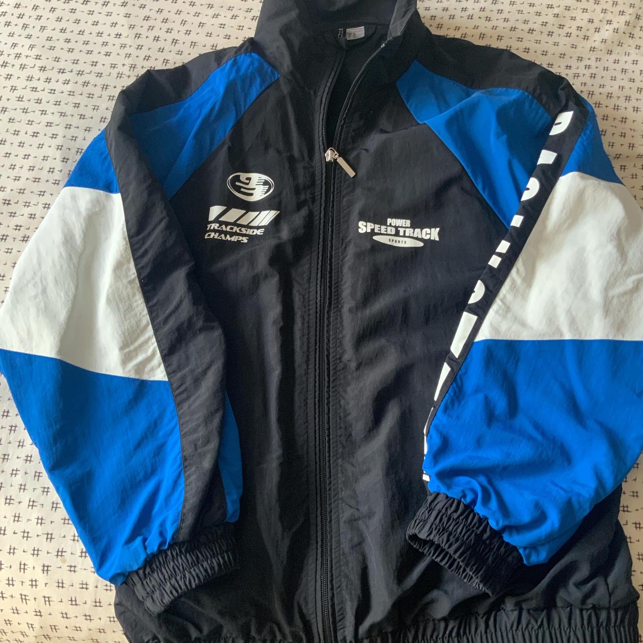 Blue and white racing Speed Track zip up jacket... | Depop