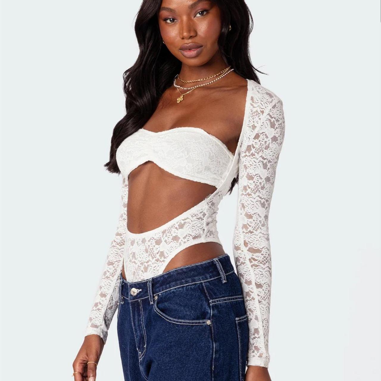 edikted white lace bodysuit originally $140 size... - Depop