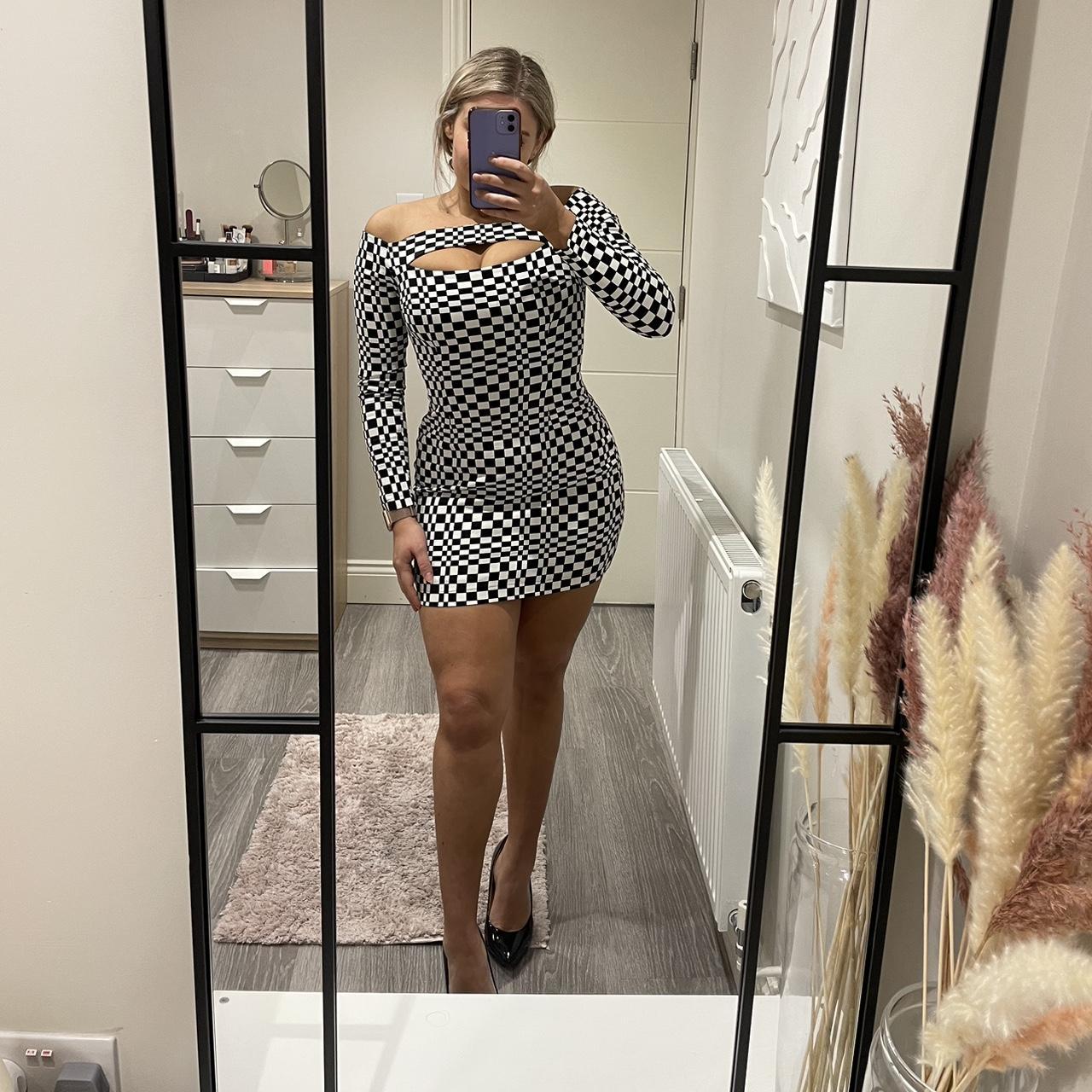Black and White chequered body-con dress with long... - Depop