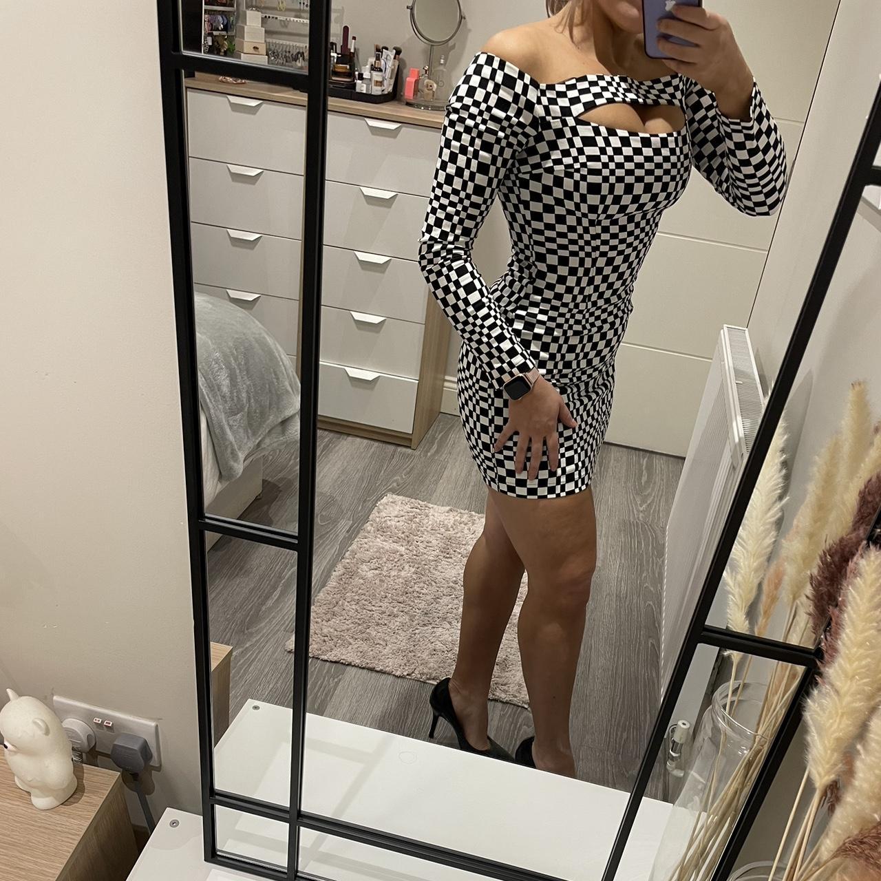 Black and White chequered body-con dress with long... - Depop