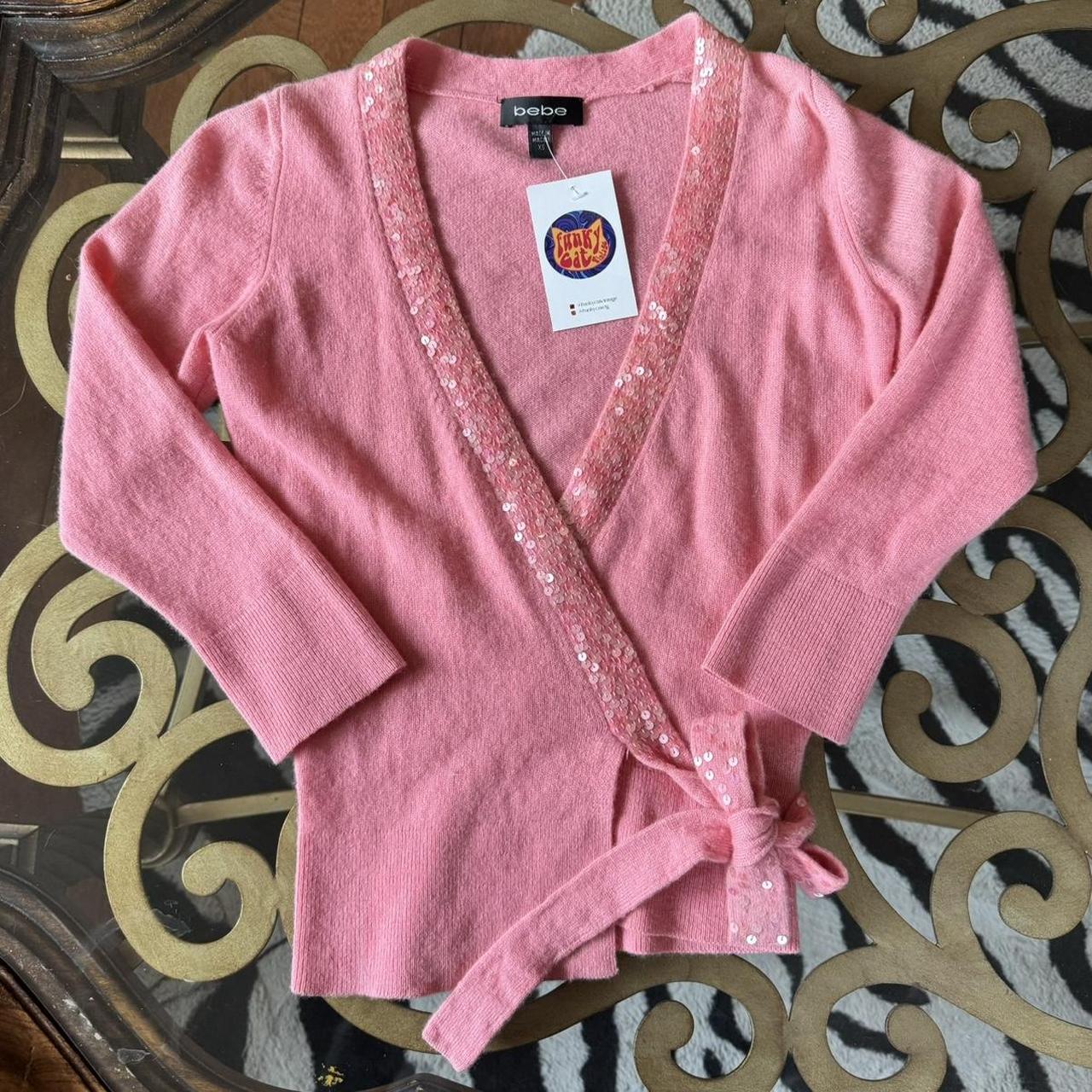 Bebe pink knit wrap sweater top with sequins Super... - Depop