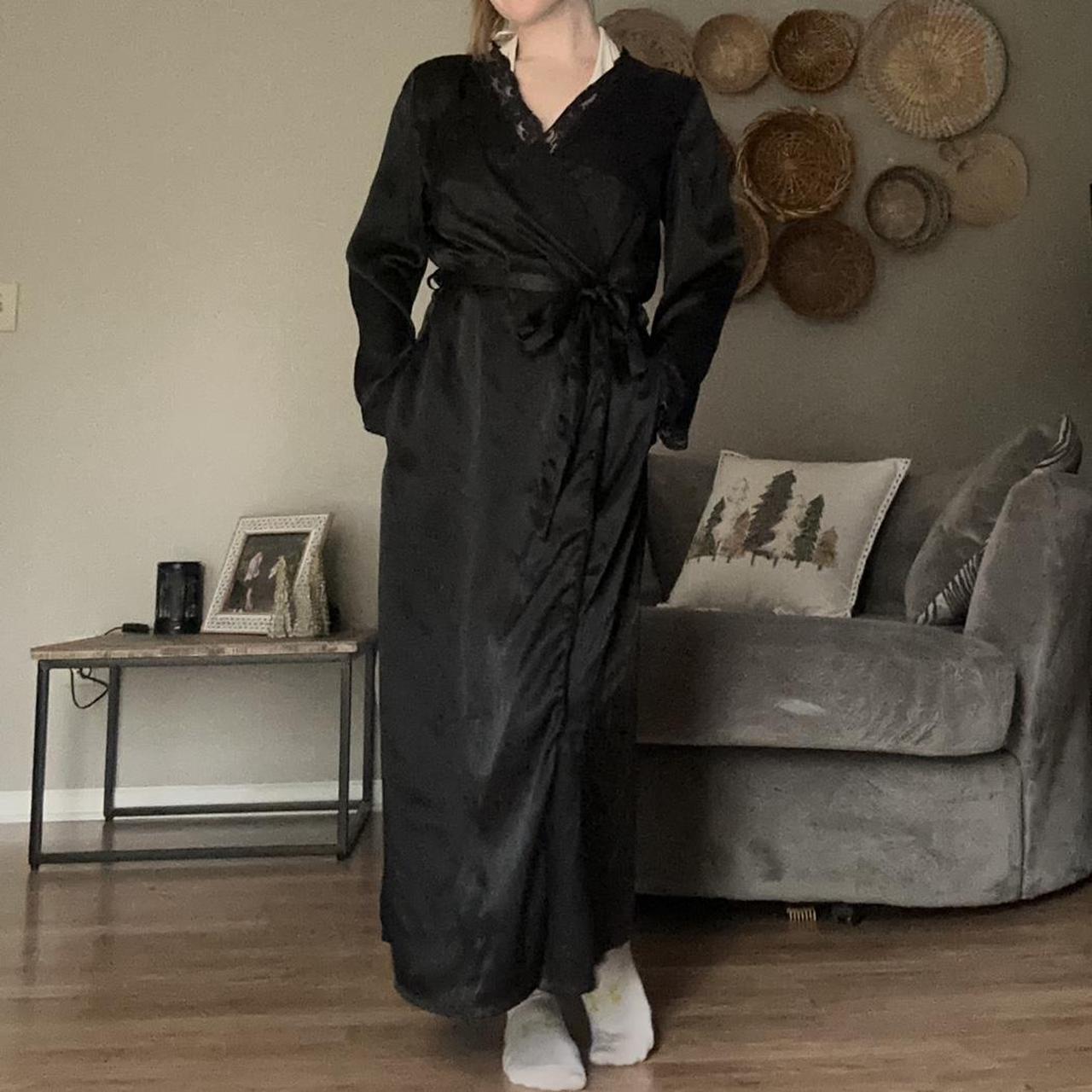 Vintage black silky robe with lace details Has tie... - Depop