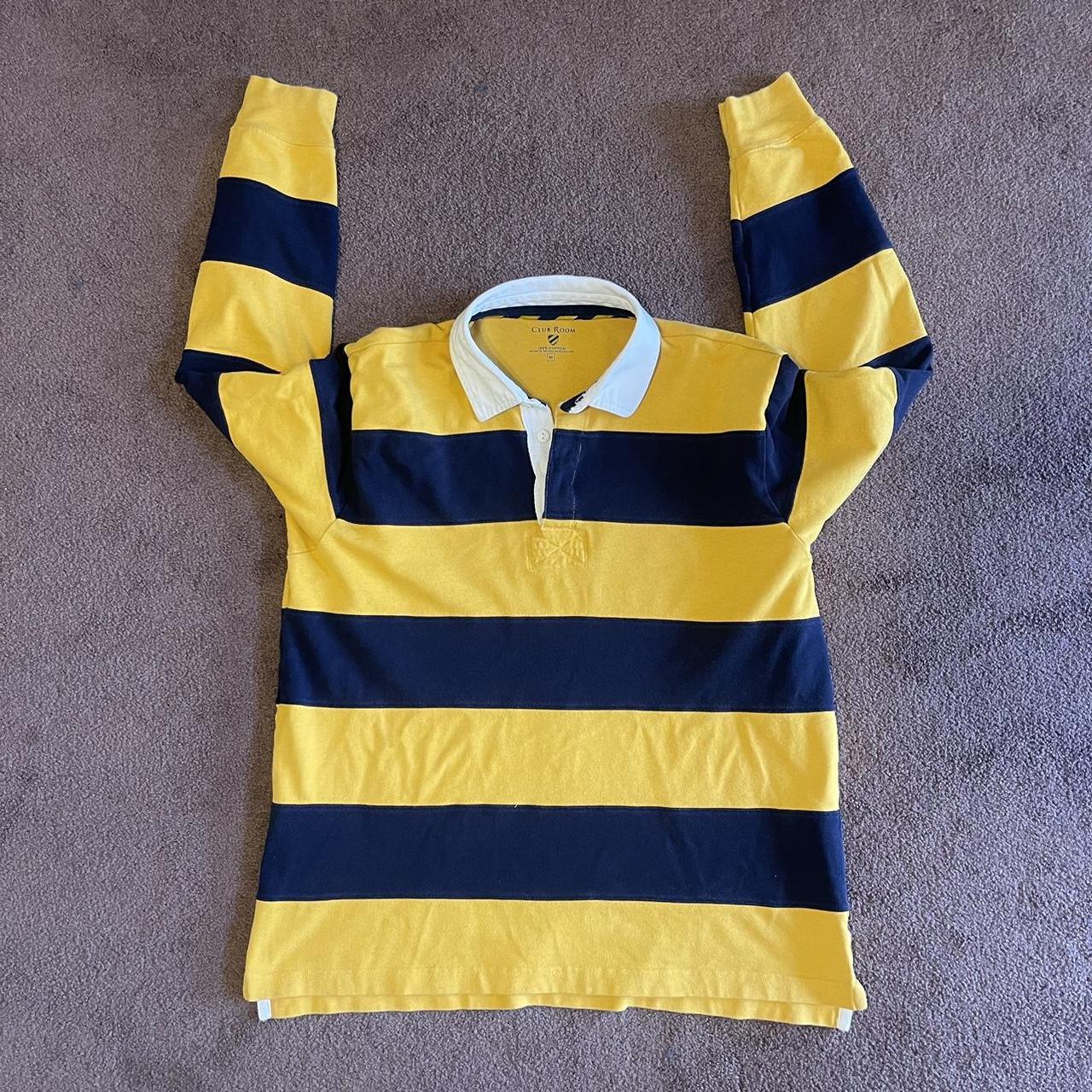 BLUE AND YELLOW STRIPED MENS LONG SLEEVE RUGBY POLO... - Depop