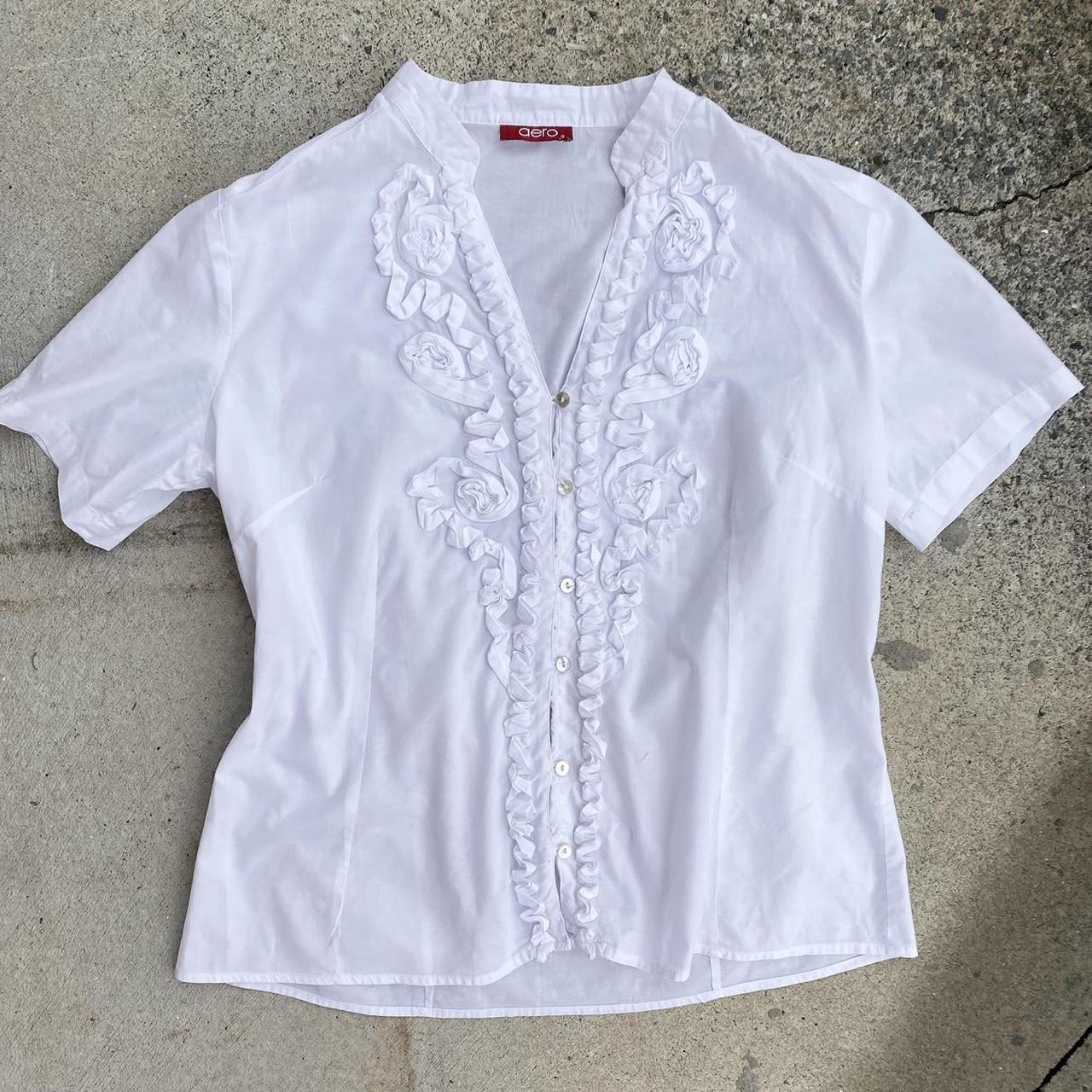 Vintage 2000s white button up short sleeve blouse... - Depop