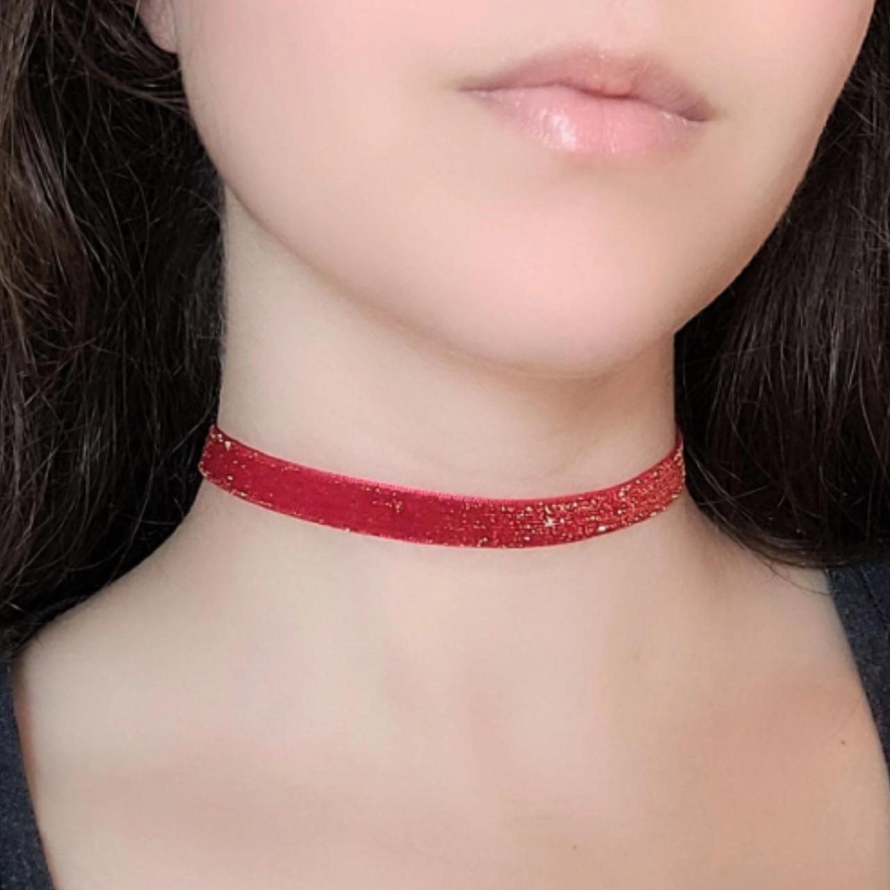 Red Velvet Choker with Gold Glitter Thin Sparkly... - Depop