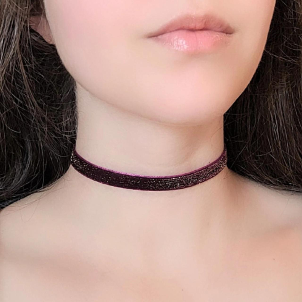 Purple Velvet Choker with Gold Glitter Thin Sparkly. Depop